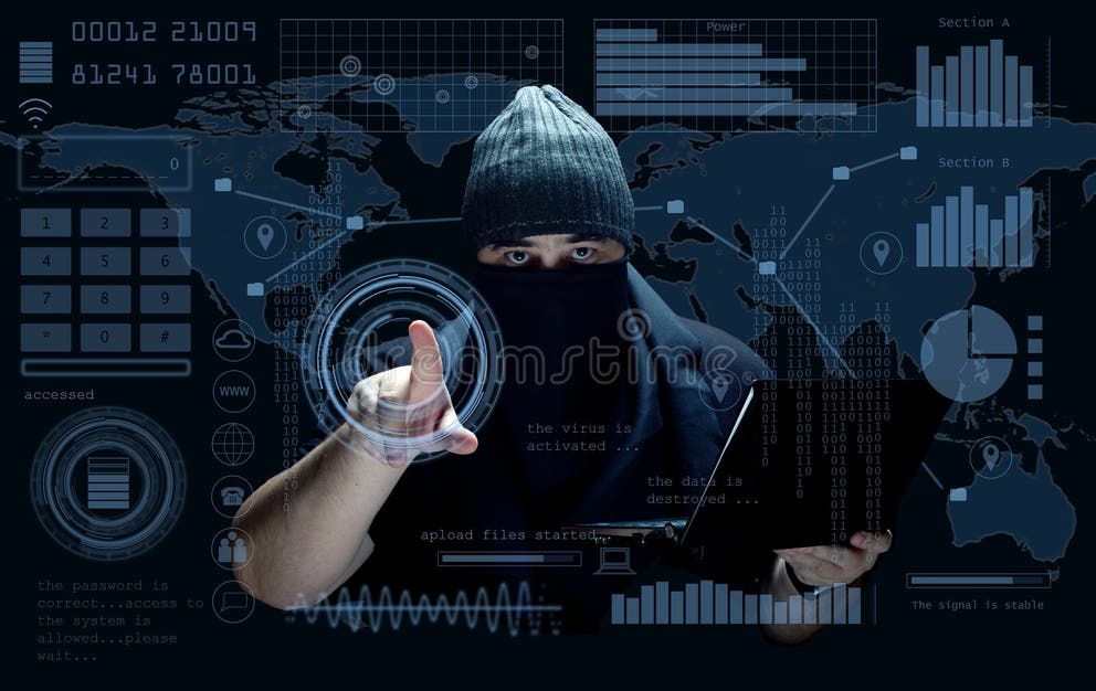 Cyber Hacker with Laptop and Digital HUD Interface Stock Image - Image ...