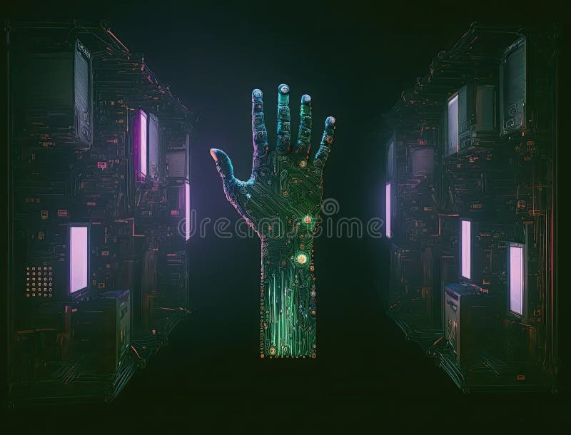 Cyber Hand with Microchips and Microcircuitry on Neon Glowing Data ...