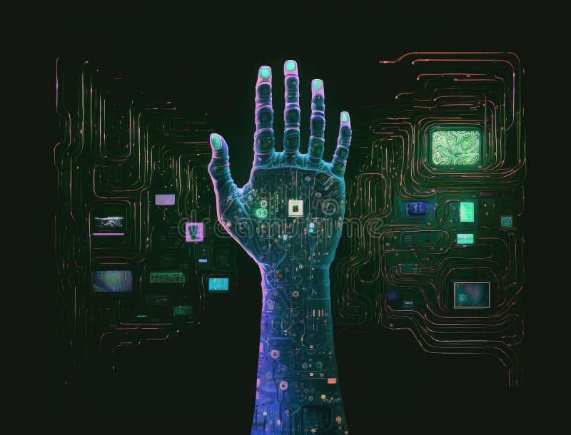 Cyber Hand with Microchips and Microcircuitry Neon Glowing, Reliable ...