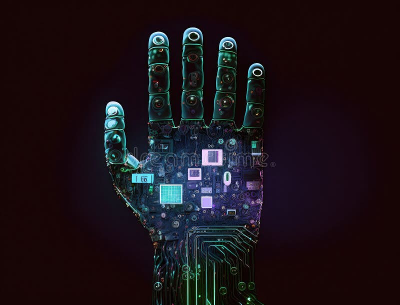 Cyber Hand with Microchips and Microcircuitry Neon Glowing, Reliable ...