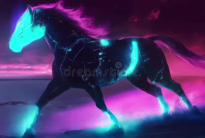A Cyber Horse in Neon Landscape Stock Footage - Video of artificial ...