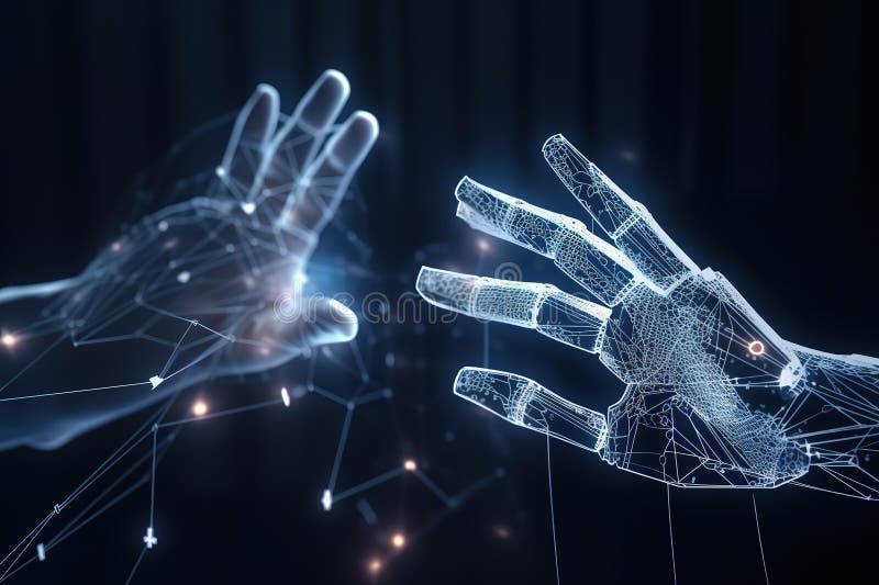 Cyber Human Hands with Blue Small Particles and Connecting Lines ...