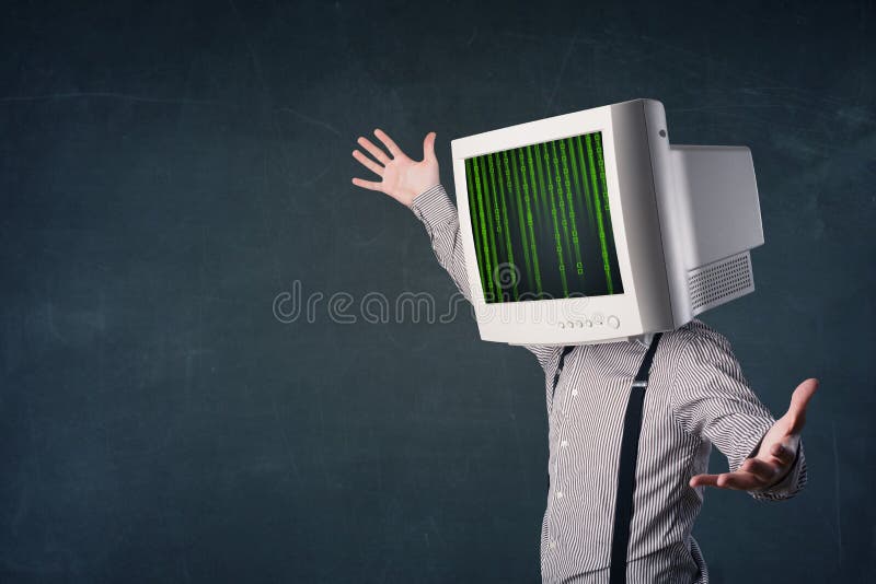 Cyber Human With A Monitor Screen And Computer Code On The Display Stock Image Image Of