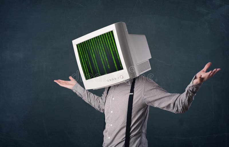 Cyber Human With A Monitor Screen And Computer Code On The Display ...