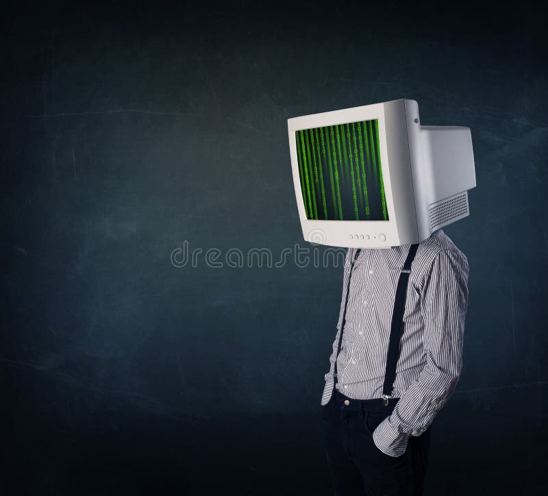 Cyber Human with a Monitor Screen and Computer Code on the Display ...