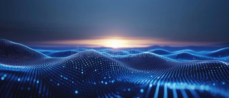 Cyber Landscape at Sunset, Wavy Network Surface Abstract Background, Pattern of Tech Lights in ...