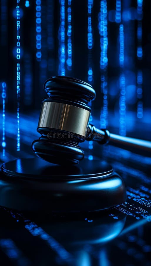 Cyber Law and Justice Concept Black Gavel on Platform with Blue Binary ...