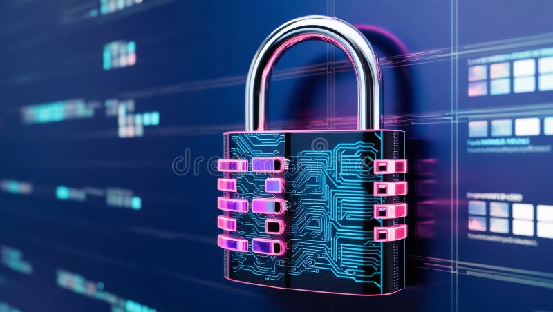 Cyber Lock with Neon Holograms in Deep Blue Digital Field, Symbolizing ...