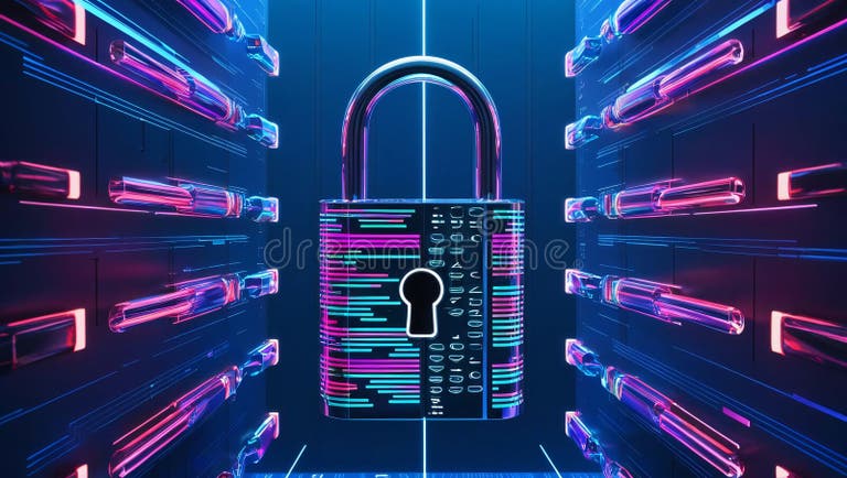 Cyber Lock Pattern, Neon Holograms, Deep Blue Cyber Field, Encrypted ...