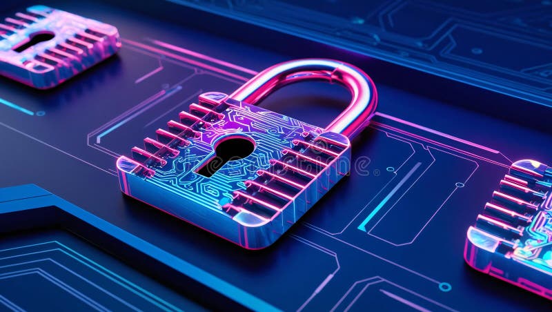 Cyber Lock Pattern with Neon Holograms in Deep Blue Cyber Field ...