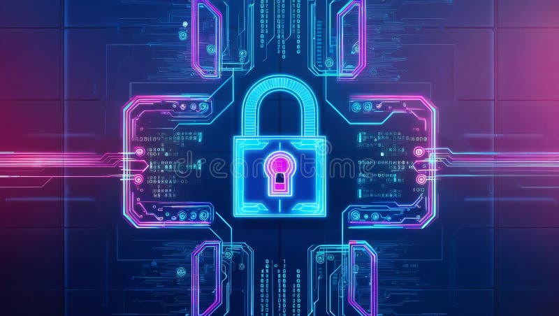 Cyber Lock Pattern with Neon Holograms in Deep Blue Cyber Field ...