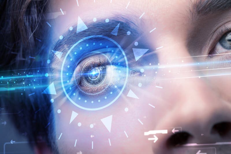 Cyber Man with Technolgy Eye Looking into Blue Iris Stock Photo - Image ...