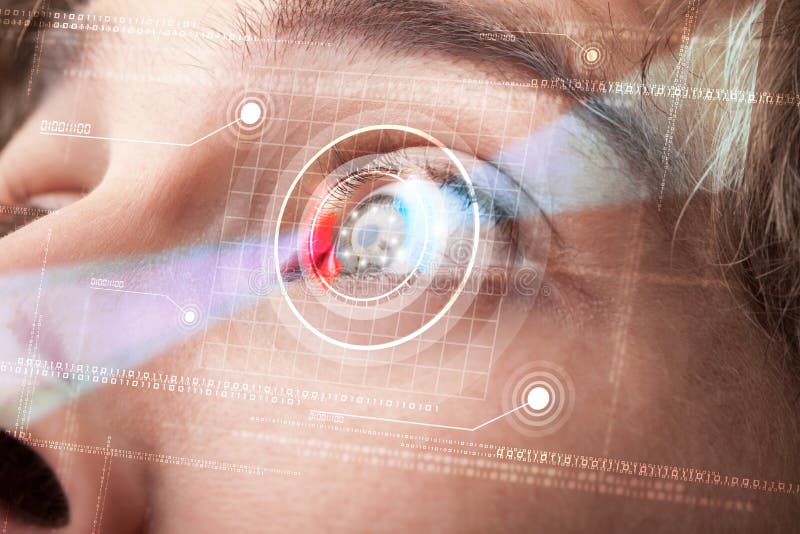 Cyber Man with Technolgy Eye Looking into Blue Iris Stock Illustration ...