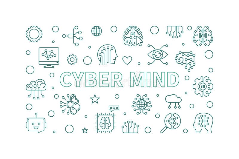 Cyber Mind Concept Line Horizontal Banner - Vector AI Outline ...