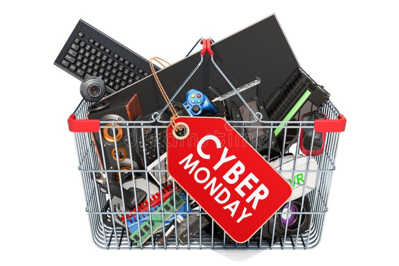 Computer Device and Accessories Inside Shopping Basket, 3D Rendering ...