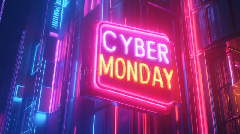 Cyber Monday Neon Sign on Futuristic Building Stock Illustration ...