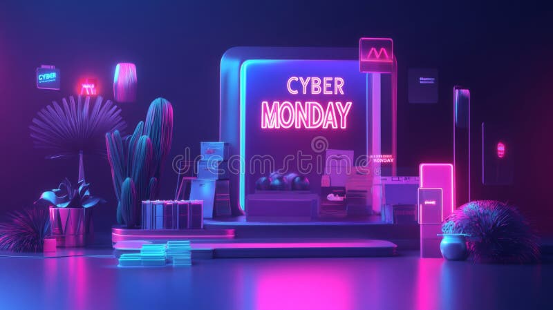 Cyber Monday Neon Sign with Tropical Plants and Boxes Stock ...