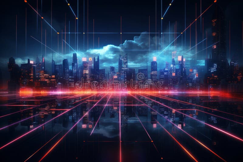 Cyber Network with Bright Neon Lights Stock Illustration - Illustration ...