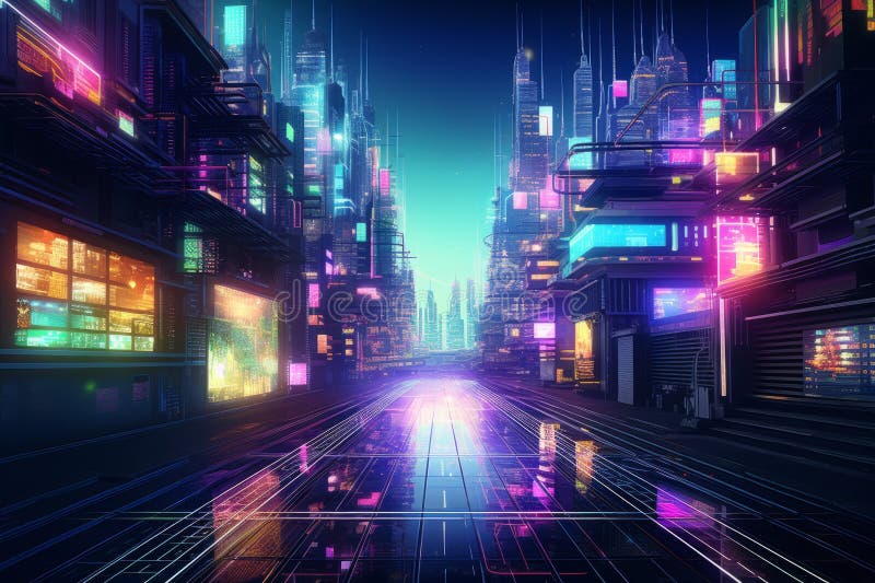 Cyber Network with Bright Neon Lights Stock Illustration - Illustration ...