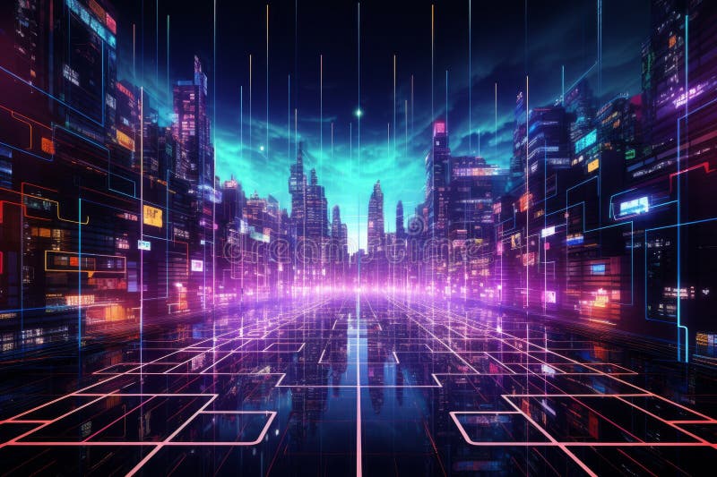 Cyber Network with Bright Neon Lights Stock Illustration - Illustration ...