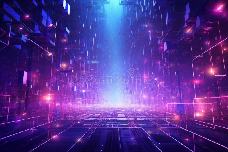 Cyber Network with Bright Neon Lights Stock Illustration - Illustration ...