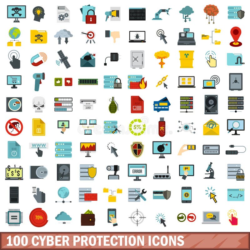 100 Cyber Protection Icons Set, Flat Style Stock Vector - Illustration ...