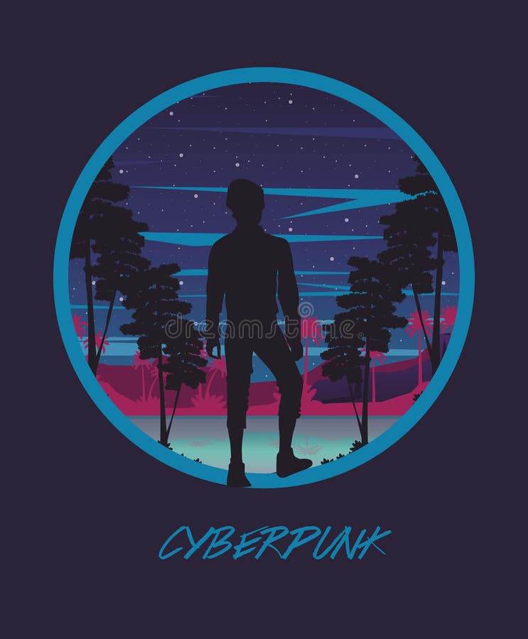 Cyber Punk Poster with Man in Landscape Silhouette Stock Vector ...