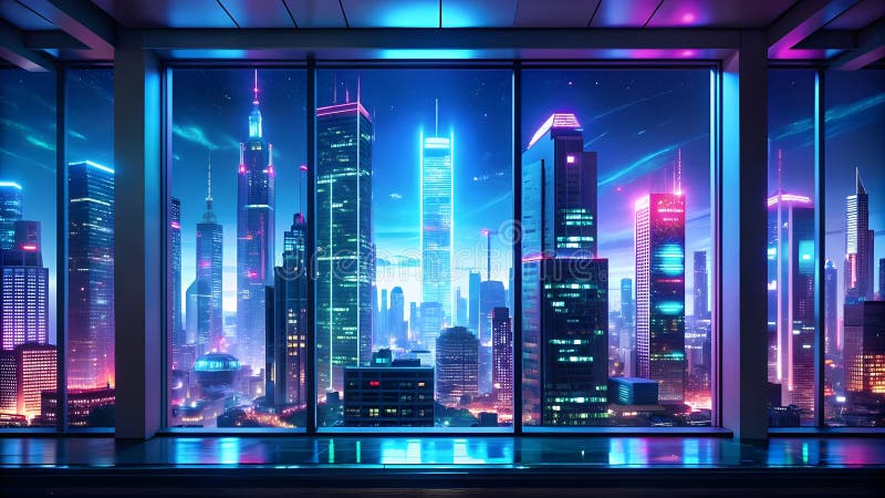 Cyber Punk Style Office Background City Stock Illustration ...
