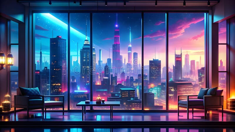 Cyber Punk Style Office Background City Stock Illustration ...