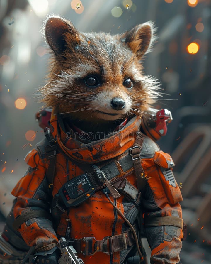 A Cyber Raccoon in a Space Suit Stands in a Space Station Setting Stock ...
