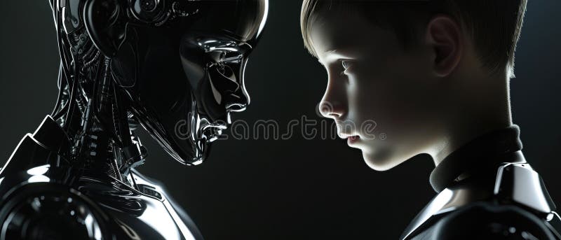 A Cyber Robot Boy and a Common Boy Facing Each Other, Deep Black ...