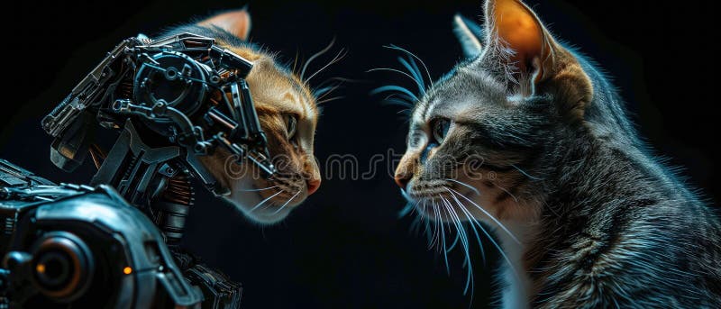 A Cyber Robot Cat and a Common Cat Facing Each Other, Deep Black ...