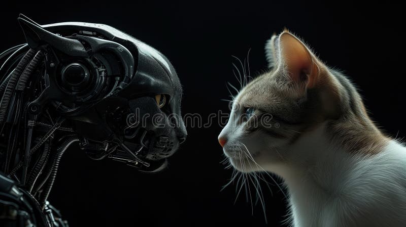 A Cyber Robot Cat and a Common Cat Engaging in a Face-Off Stock ...