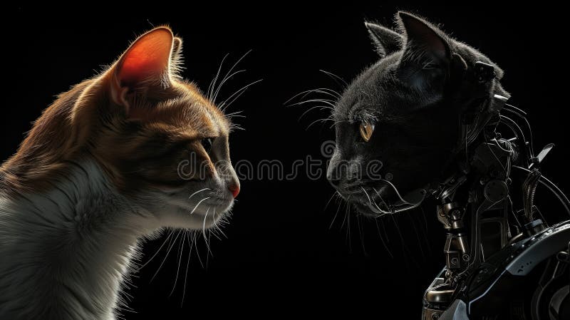 A Cyber Robot Cat and a Common Cat Facing Each Other Stock Illustration ...
