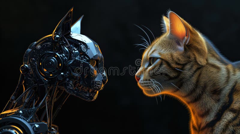 A Cyber Robot Cat and a Regular Cat in a Face-Off Stock Illustration ...