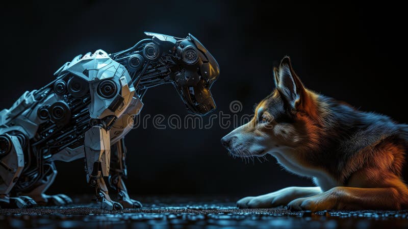 A Cyber Robot Dog and a Regular Dog Confront Each Other Stock ...