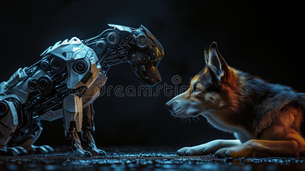 A Cyber Robot Dog and a Regular Dog Confront Each Other Stock ...
