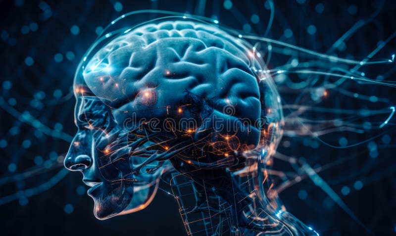 Cyber Robot Head with Enlarged Brain. Work of Neurons Illustration ... Cyber Robot Head with Enlarged Brain. Work of Neurons Illustration ...