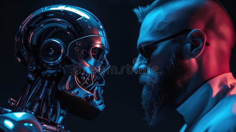 A Cyber Robot Man Barber and a Common Man Barber Facing Each Other ...