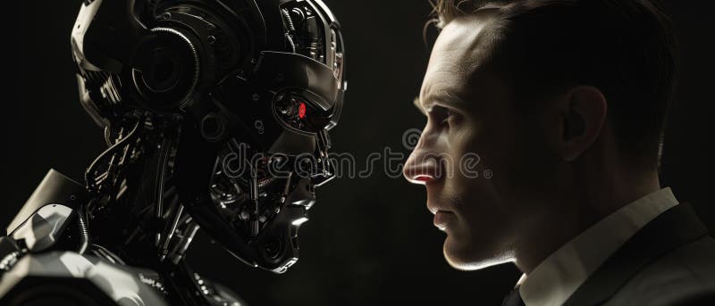 A Cyber Robot Man and a Common Man Facing Each Other, Deep Black ...