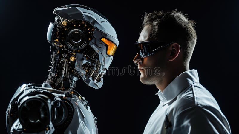 A Cyber Robot Man Engineer and a Common Man Engineer Facing Each Other ...
