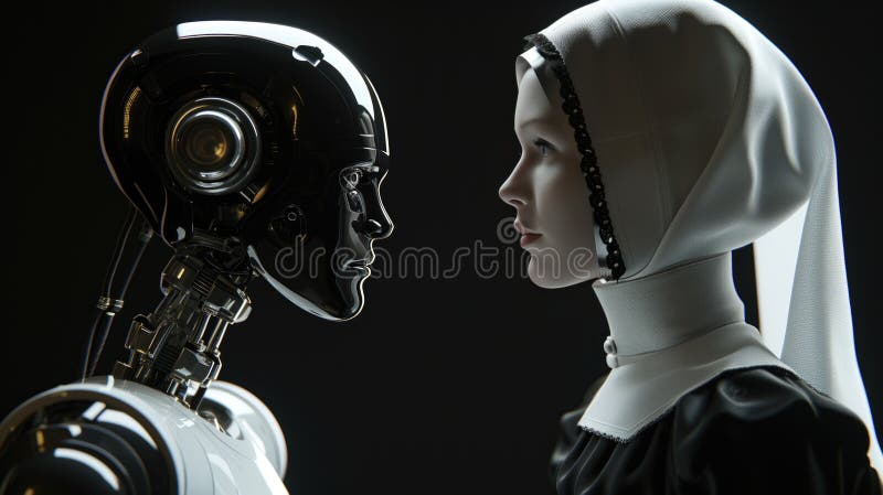 A Cyber Robot Man Maid and a Common Man Maid Facing Each Other Stock ...