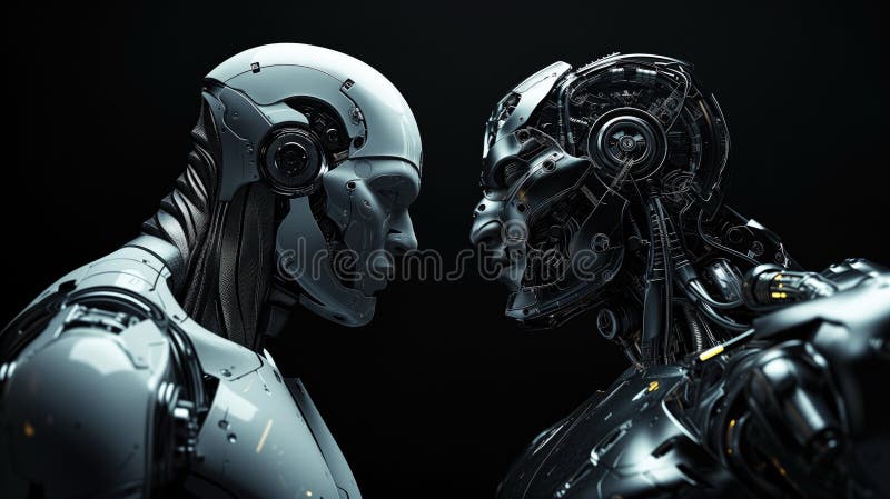A Cyber Robot Man Mechanic and a Common Man Mechanic Facing Each Other ...