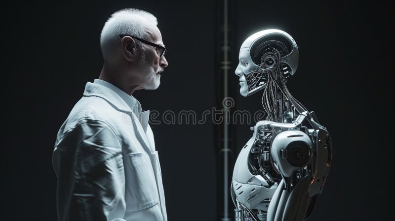 A Cyber Robot Man Pharmacist and a Common Man Pharmacist Facing Each ...