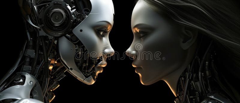 A Cyber Robot Woman and a Common Woman Facing Each Other, Deep Black ...