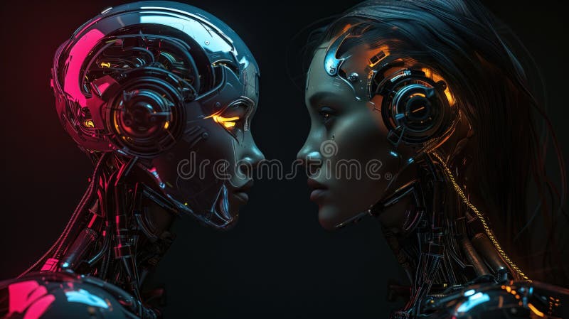 A Cyber Robot Woman Dj and a Common Woman Dj Facing Each Other Stock ...