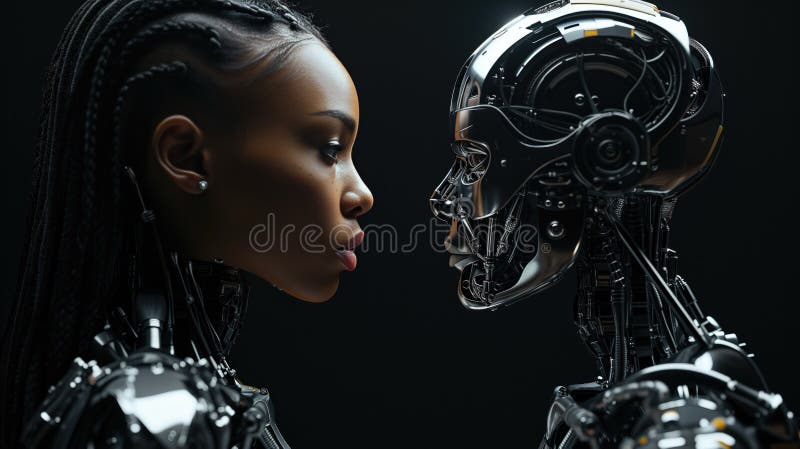 A Cyber Robot Woman Mechanic and a Common Woman Mechanic Facing Each ...