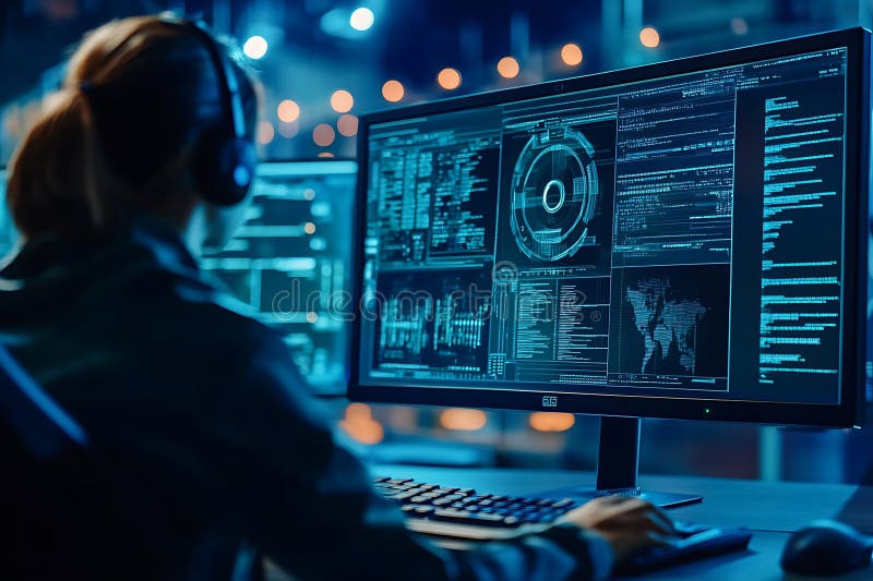 Cyber Security Analyst Working on a Computer Stock Illustration ...