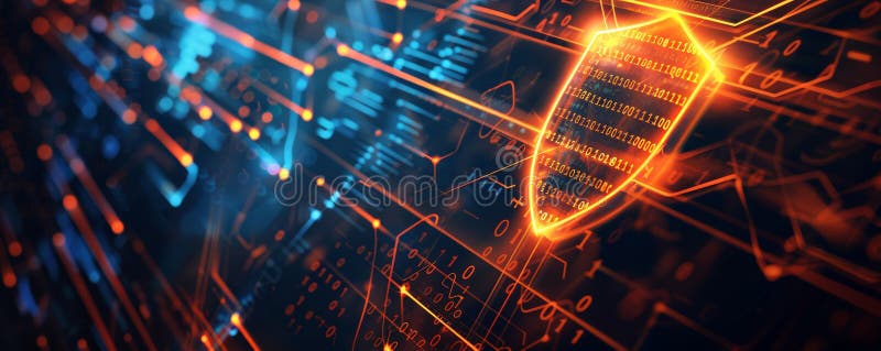 Cyber Security Background Featuring a Glowing Shield Icon, Binary Code ...