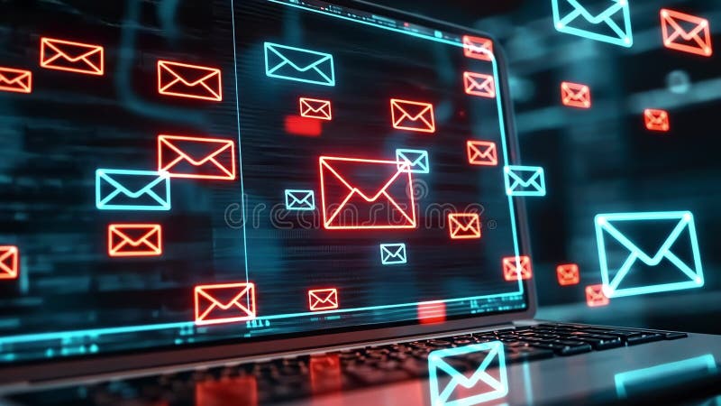 Cyber Security Breach with Email Icons Representing Data Leak on Laptop ...